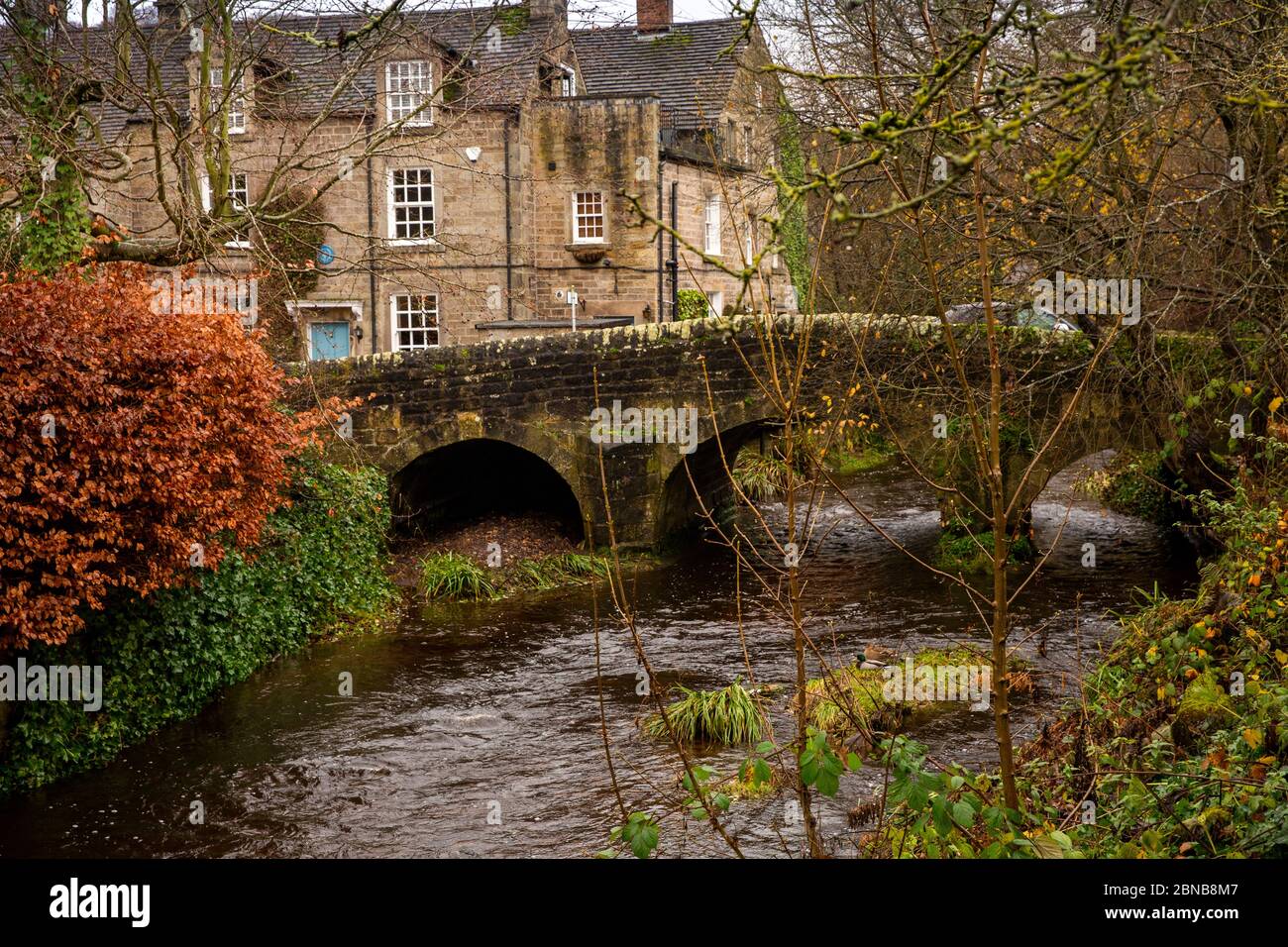 UK, England, Derbyshire, Baslow, Nether End, ancient packhorse bridge ...