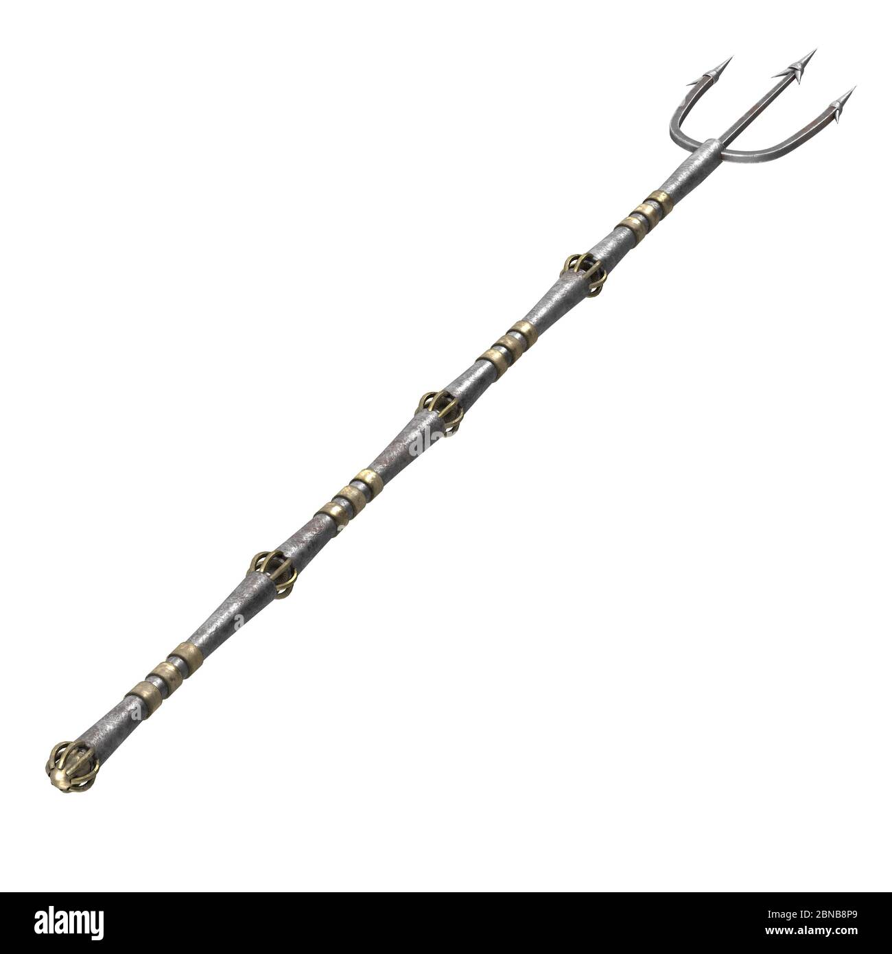 metallic long trident on an isolated white background. 3d illustration ...