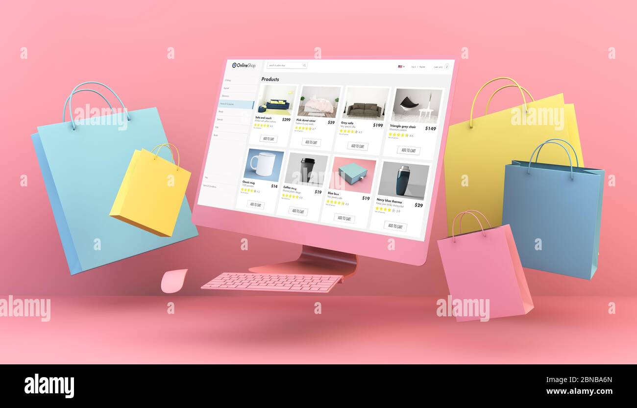 Floating computer online shop and shopping bags in pink background 3d ...