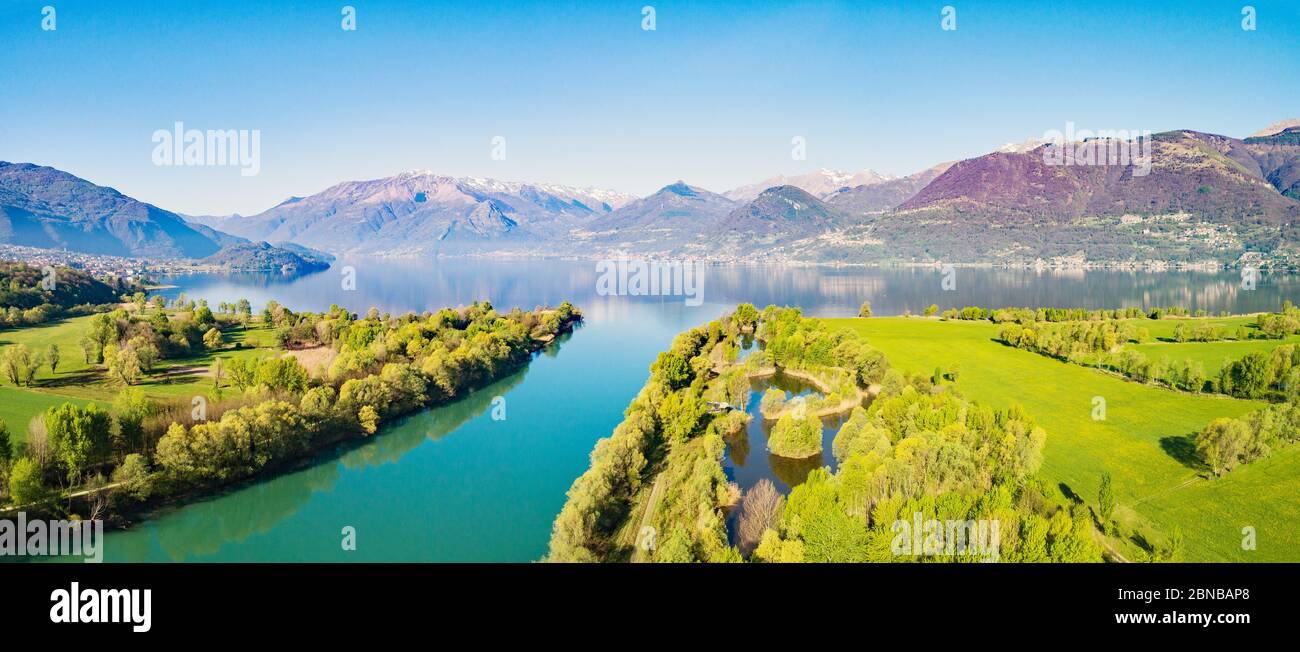 Aerial view of the mouth of the Adda river in Lake Como - Colico ...
