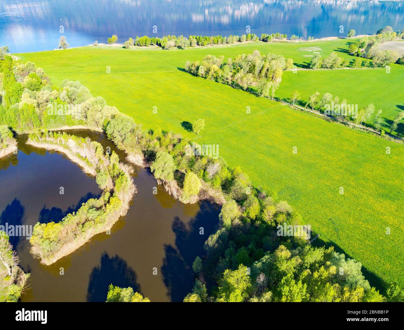 Aerial view of the mouth of the Adda river in Lake Como - Colico ...