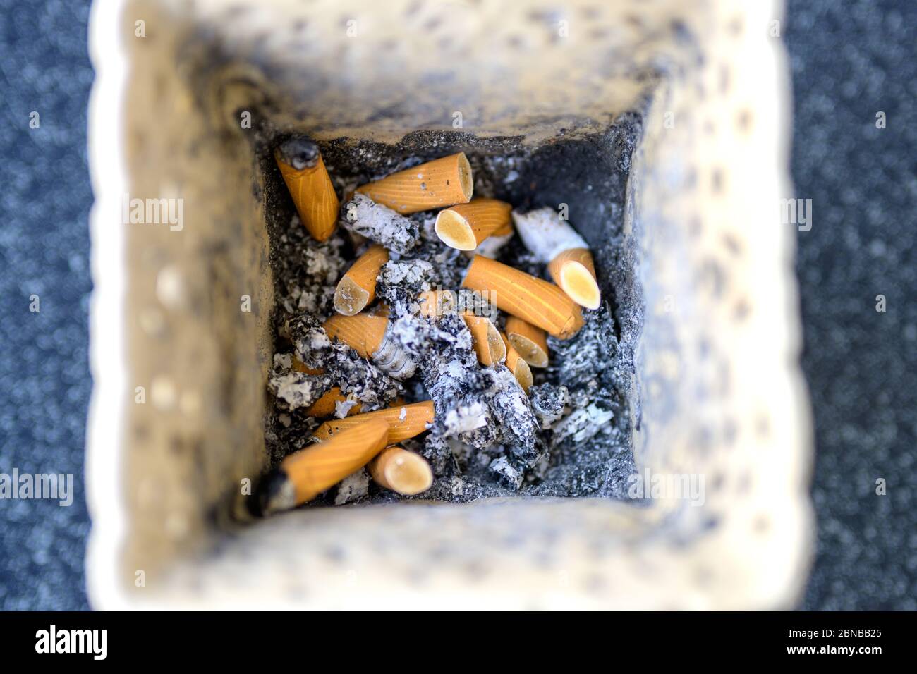 Old discarded cigarette stubs and ash in a bin viewed from overhead ...