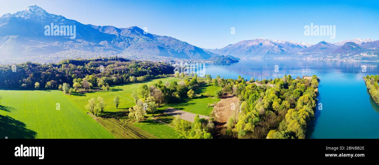 Aerial view of the mouth of the Adda river in Lake Como - Colico ...