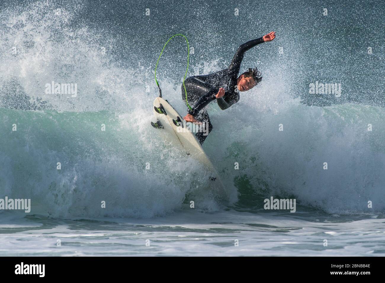Spectacular wild surfing action at Fistral in Newquay in Cornwall Stock ...