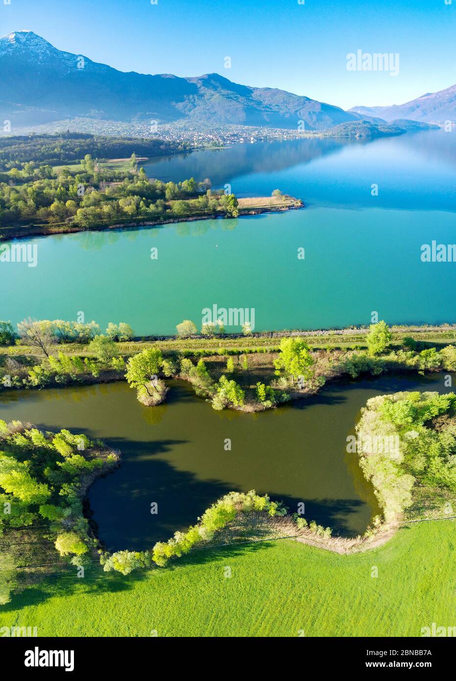Aerial view of the mouth of the Adda river in Lake Como - Colico ...