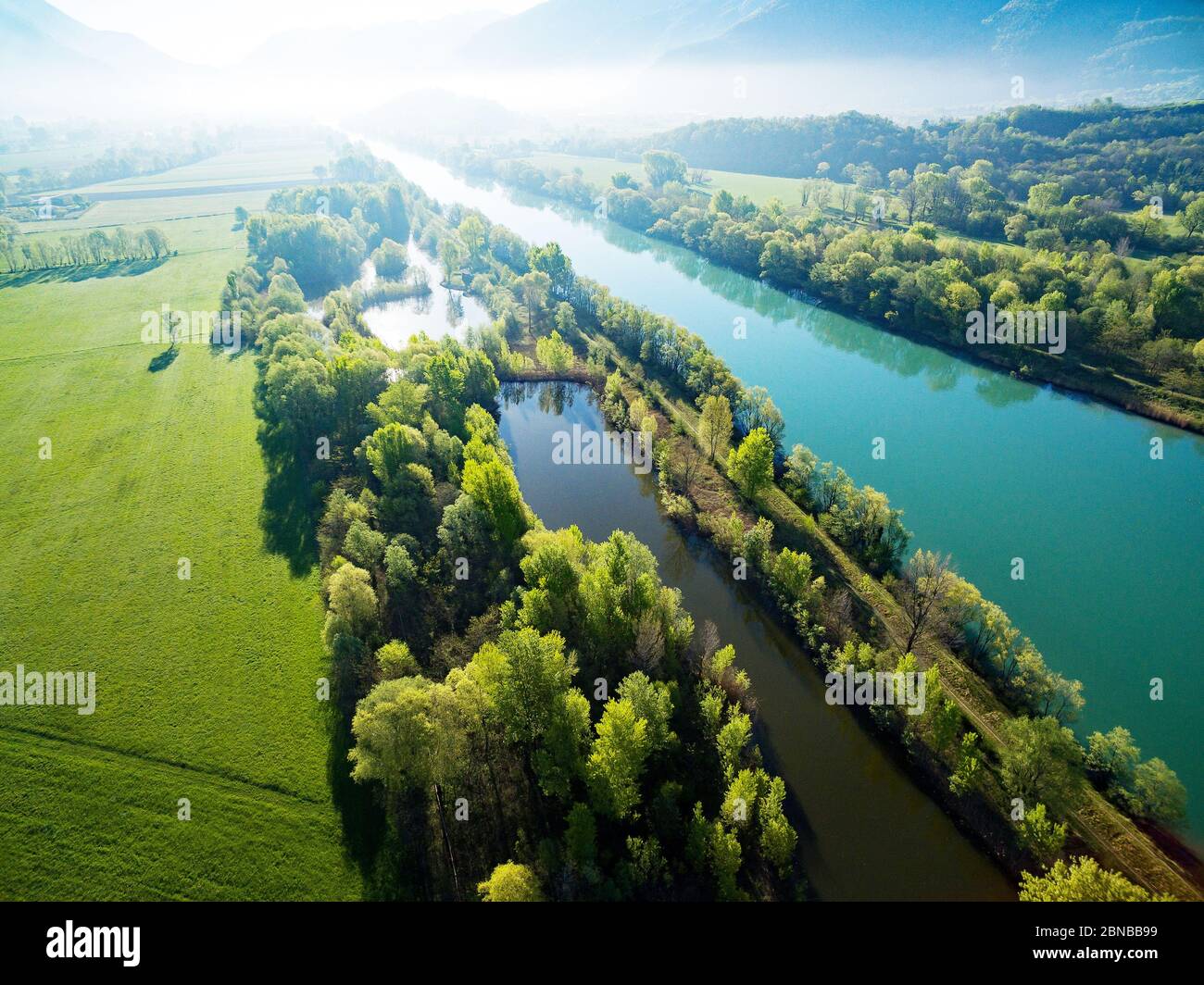 Aerial view of the mouth of the Adda river in Lake Como - Colico ...