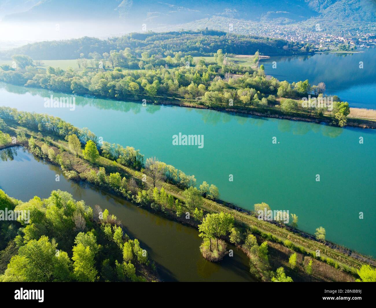 Aerial view of the mouth of the Adda river in Lake Como - Colico ...