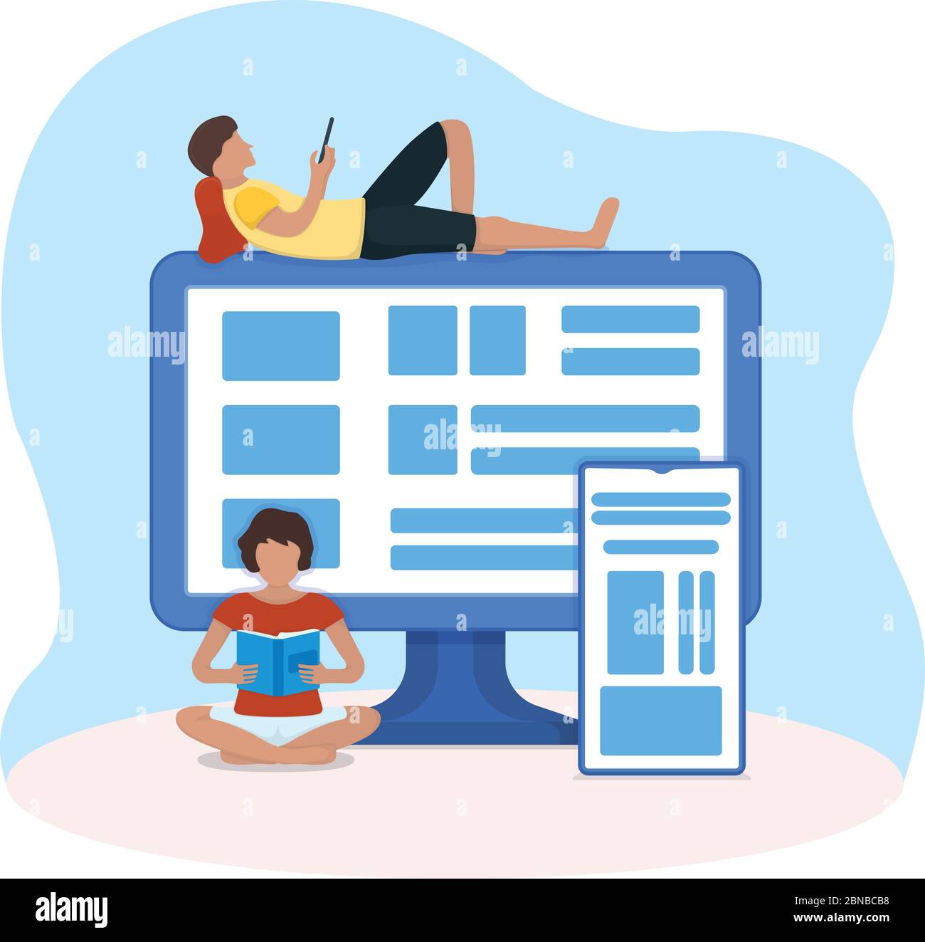 Woman character sitting read book, male person lay on personal computer ...