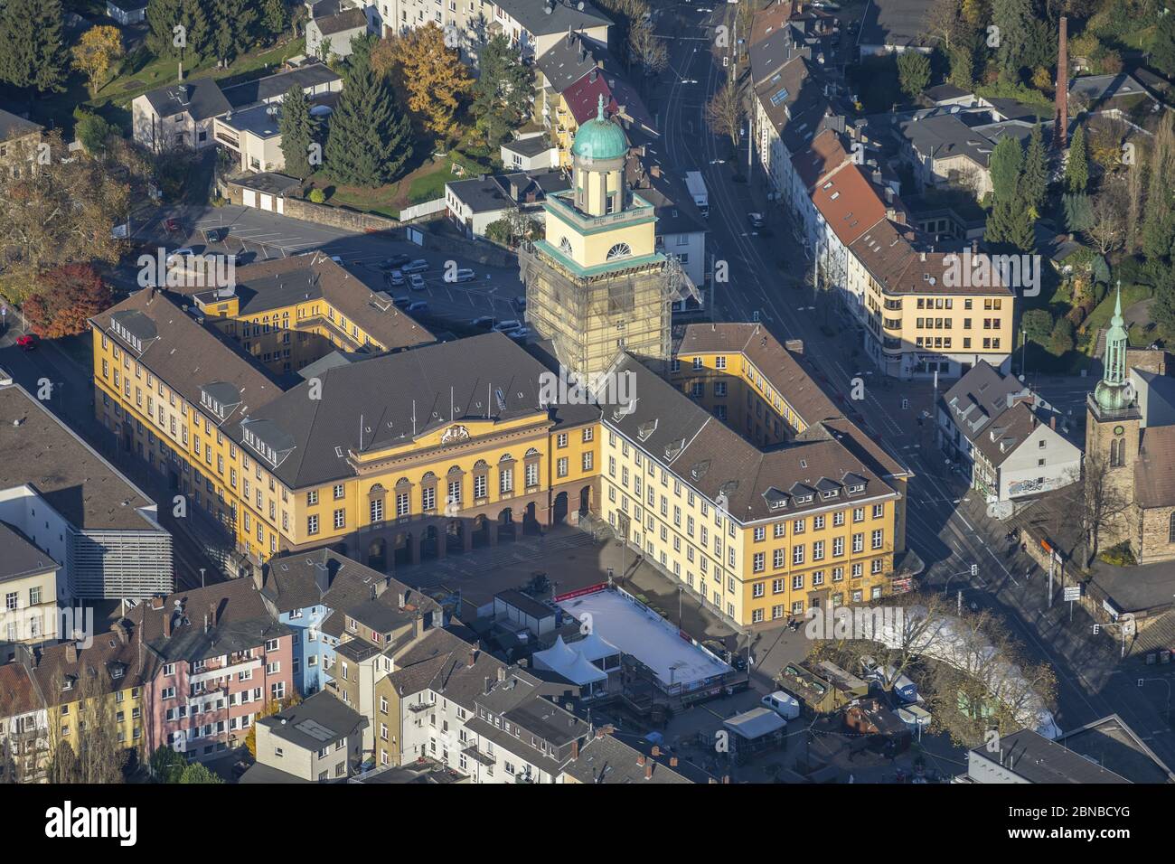 , city centre of Witten with townhall, church Marienkirche and hospital ...