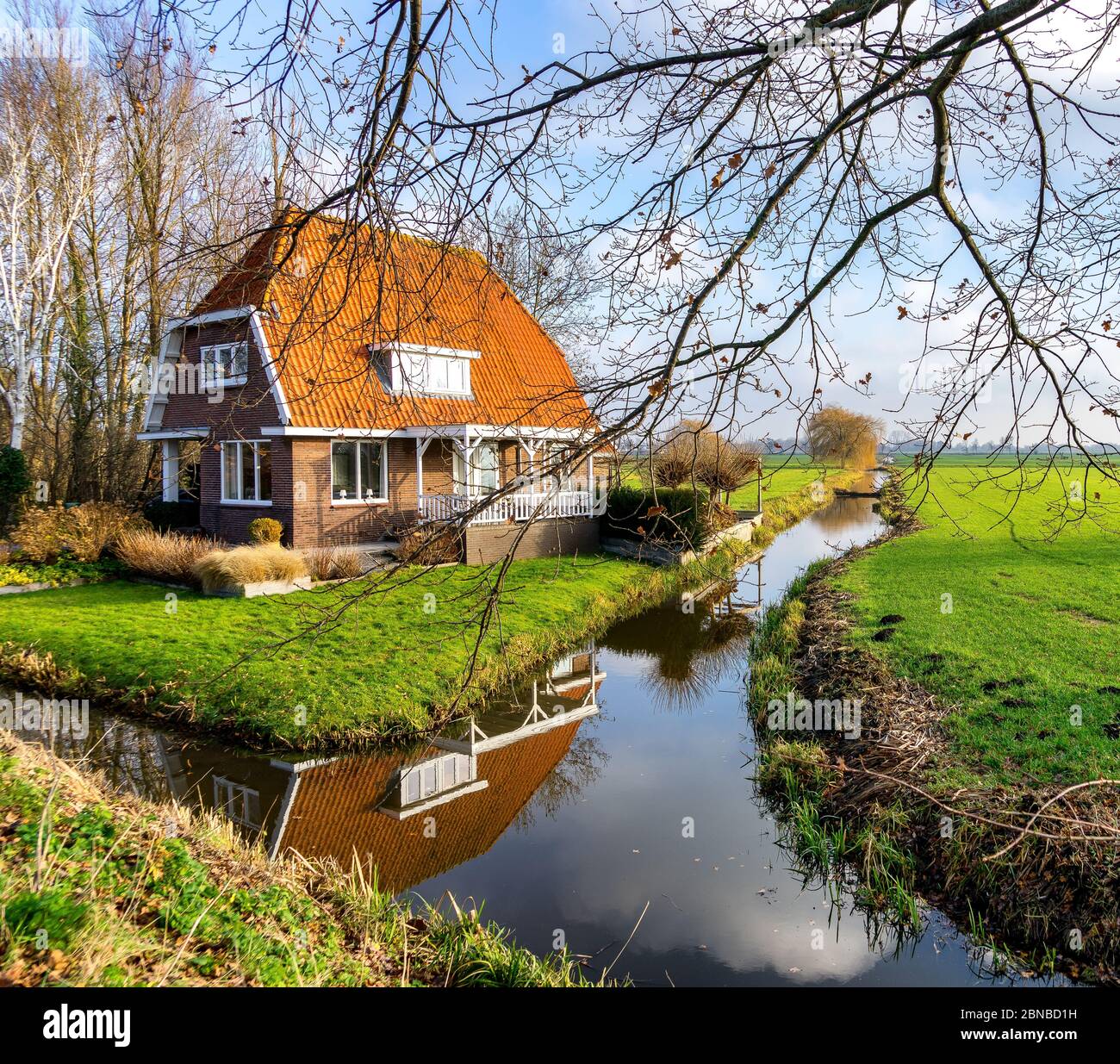 Beautiful house in a winter polder landscape Stock Photo - Alamy