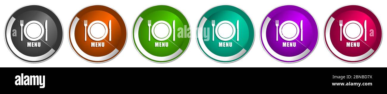 Menu icon set, silver metallic chrome border vector web buttons in 6 ...