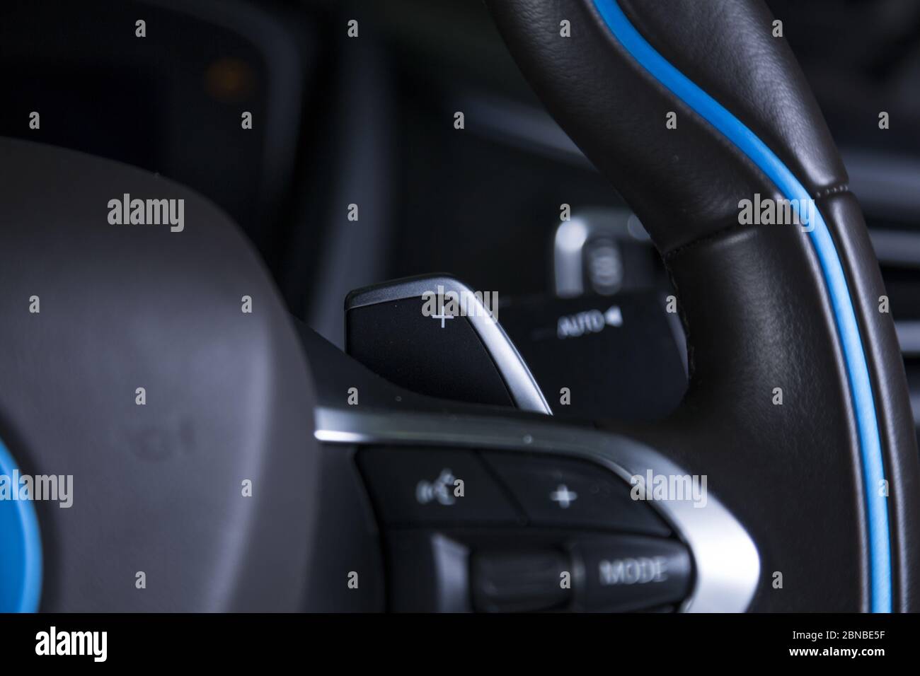 Closeup shot of the volume buttons steering wheel of a modern car Stock ...