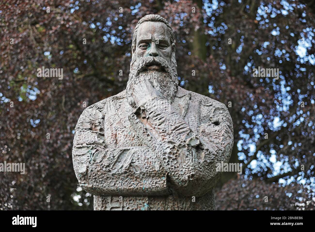 Wuppertal, Germany. 14th May, 2020. A statue of Friedrich Engels stands ...