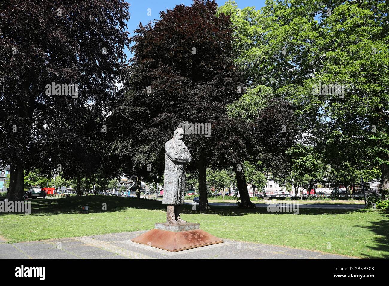 Wuppertal, Germany. 14th May, 2020. A statue of Friedrich Engels stands ...
