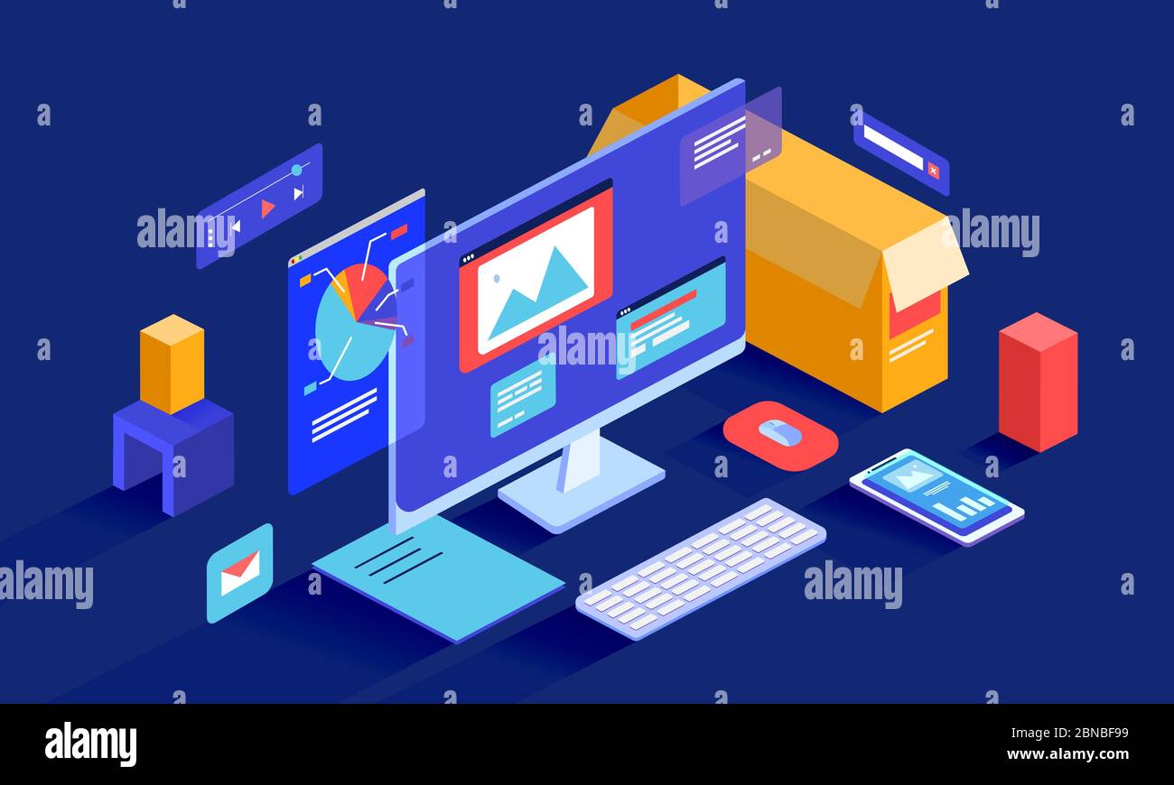 Isometric vector illustration presenting data analysis, management, internet searching and ...