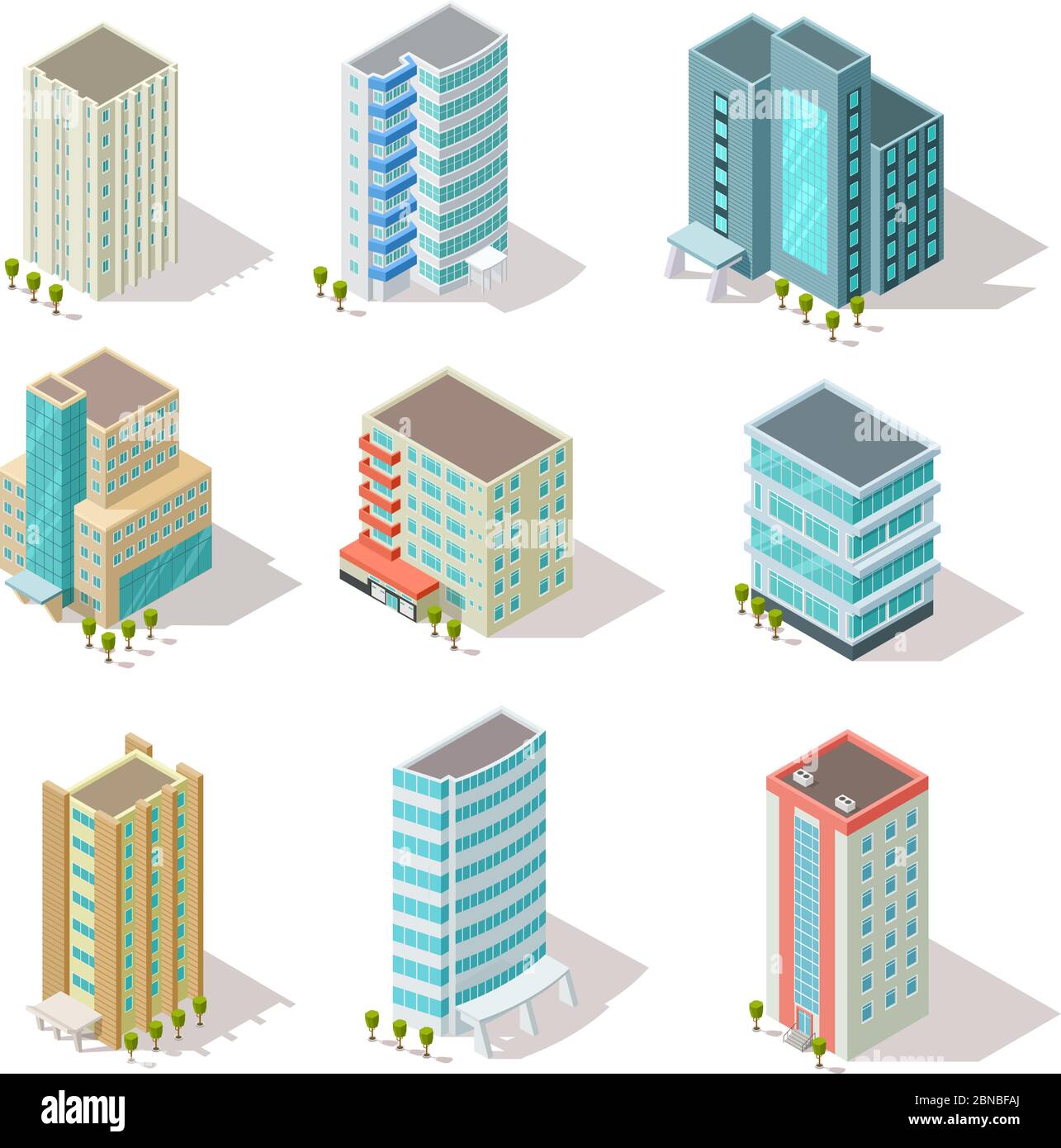 Isometric buildings. Business offices, apartment houses, skyscrapers ...
