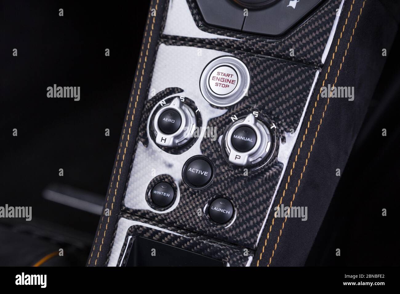 Beautiful shot of a black start engine dashboard on a sports car Stock ...