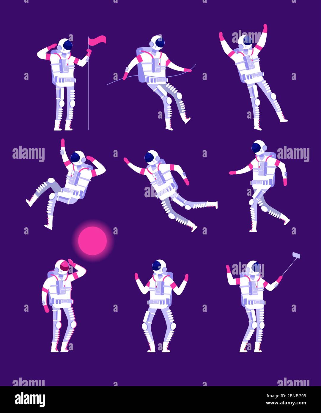 Cartoon astronauts. Spaceman with spaceship, planet and flag. Vector ...