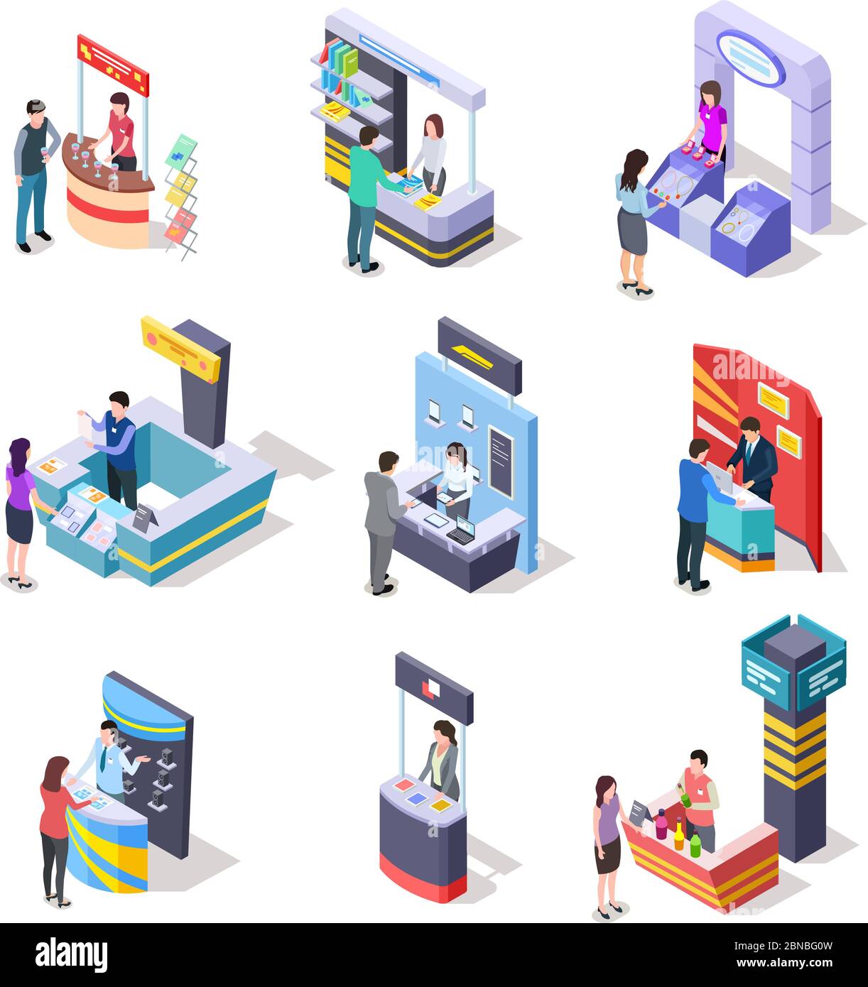 Isometric expo stands. Exhibition demonstration stand and trade stalls ...