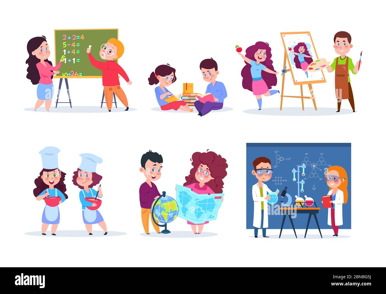 Children in lessons. School kids studying geography, chemistry, and ...