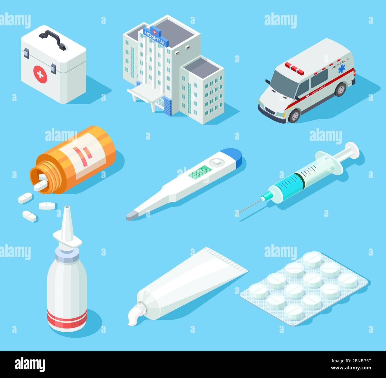 First aid kit. Medical pharmacy oral spray, medicines and pills ...