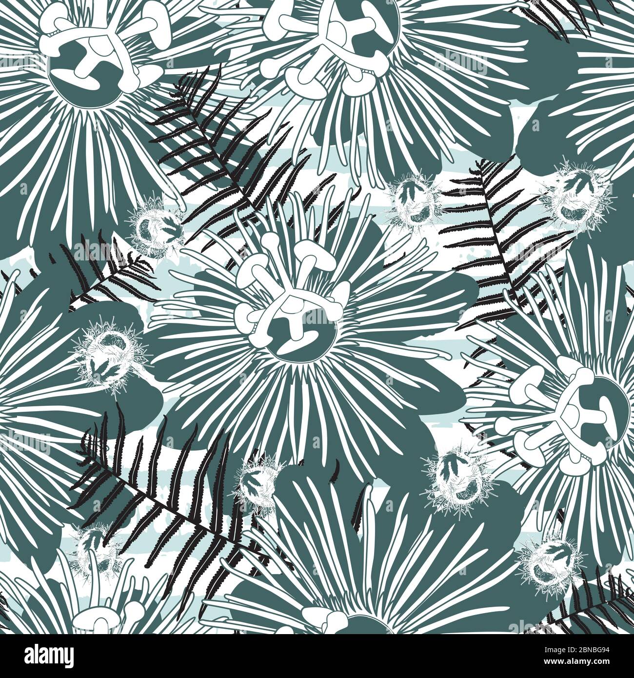 Vector green mint passion flower and ostrich fern seamless repeat ...