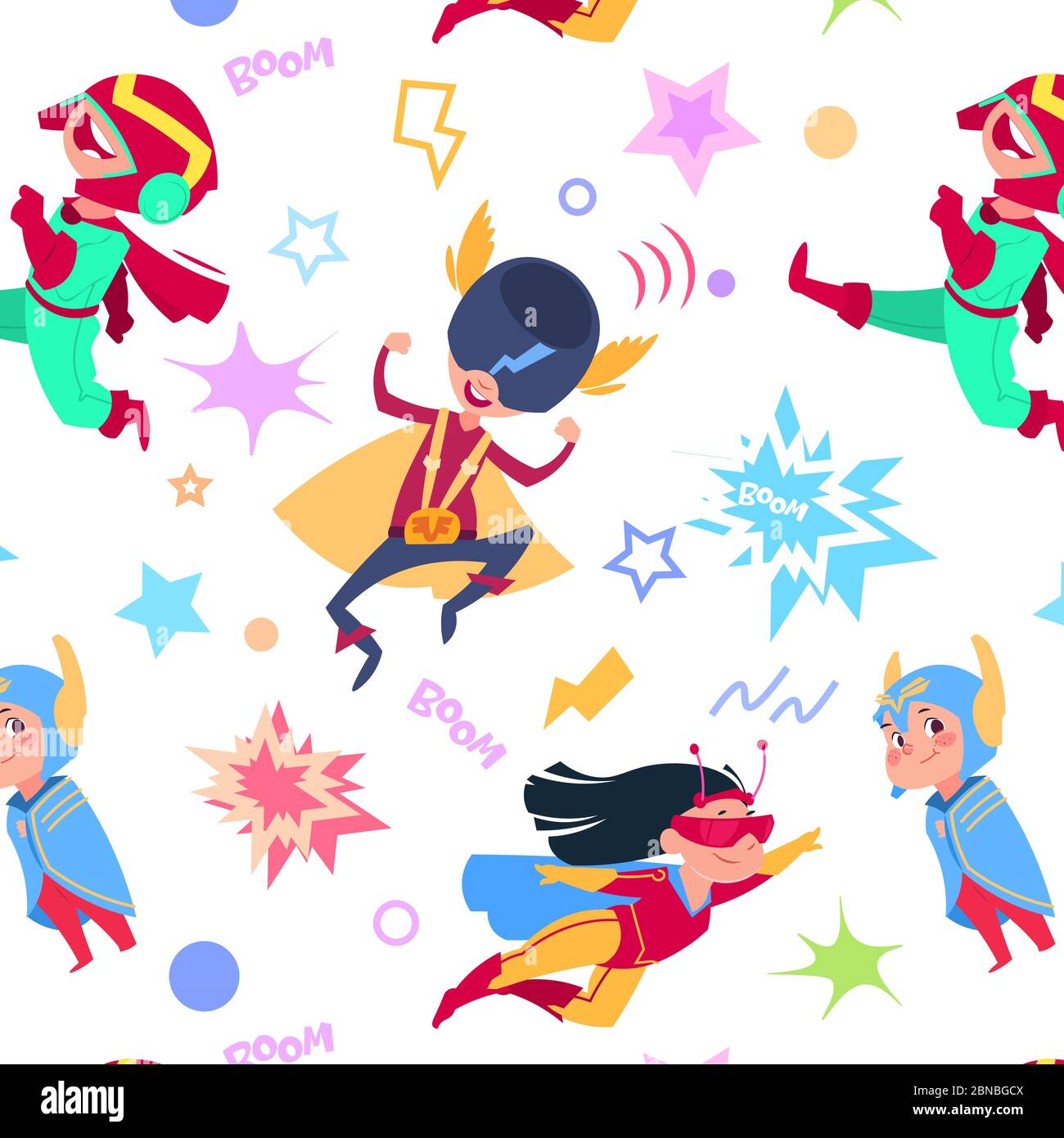 Superhero kids seamless pattern. Cartoon superheroes children. Flying ...