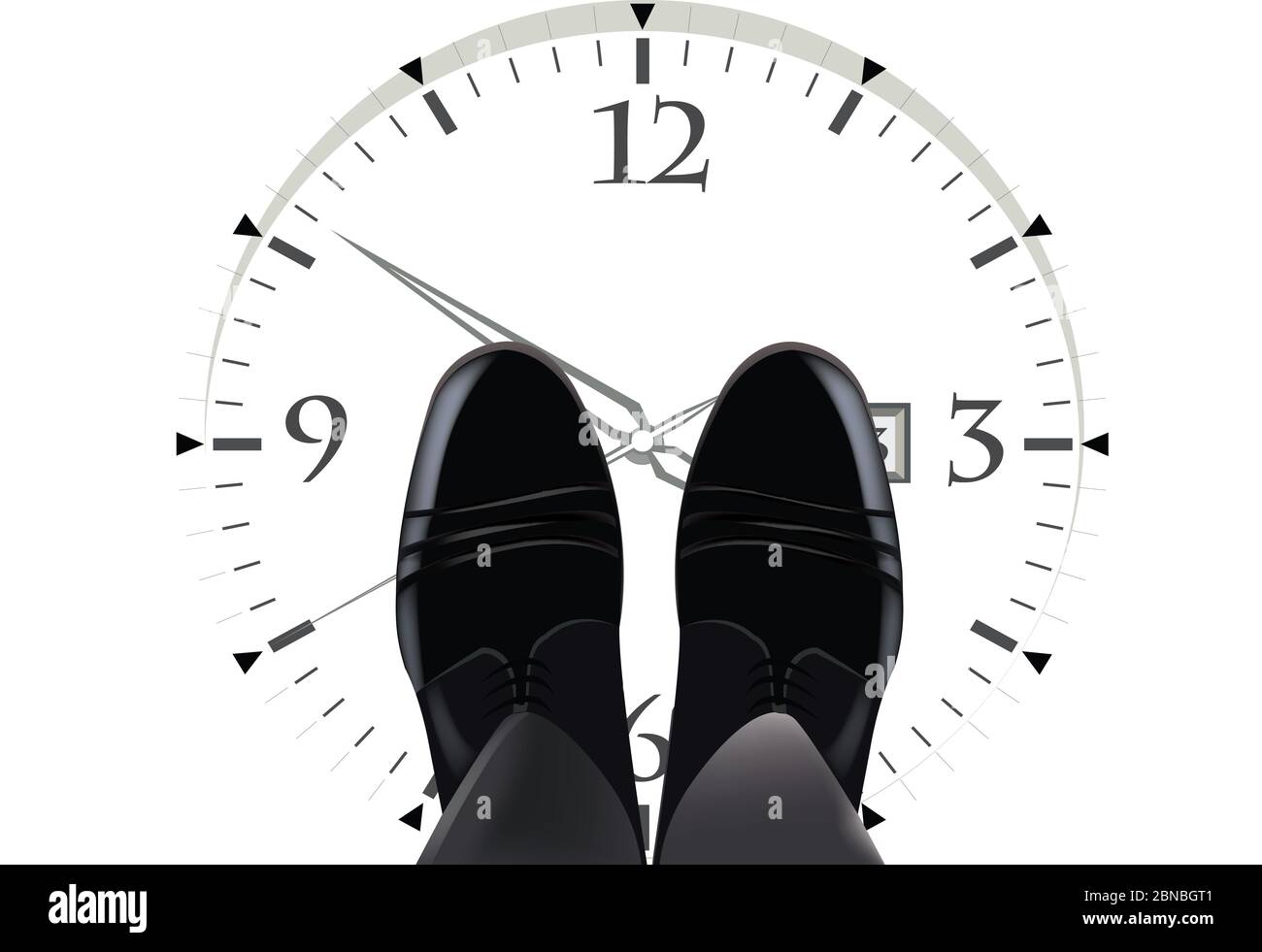 Illustration of the feet of a person on a clock under the lights ...