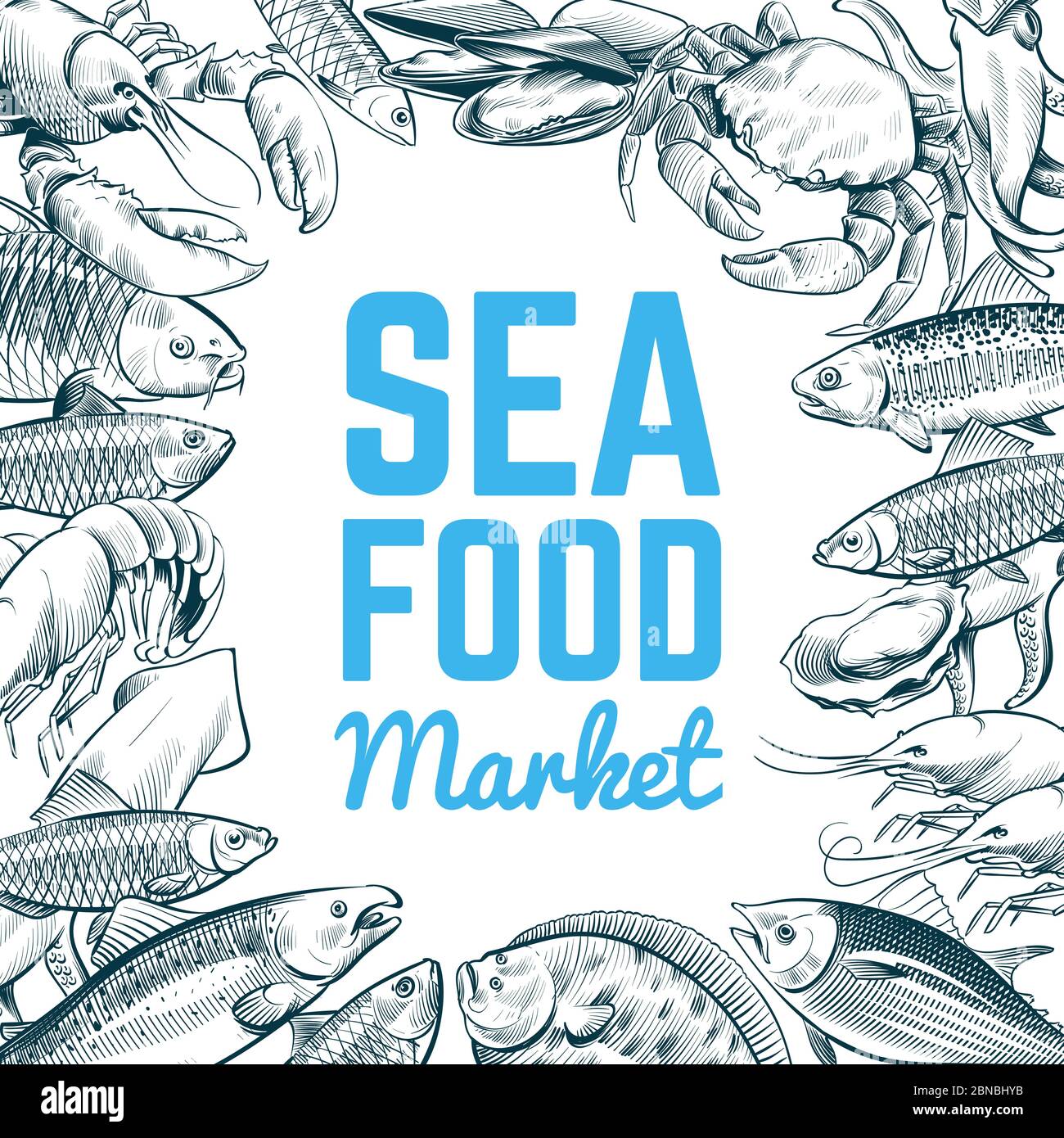 Sketch fish and seafood background. Hand drawn oysters lobster fish ...