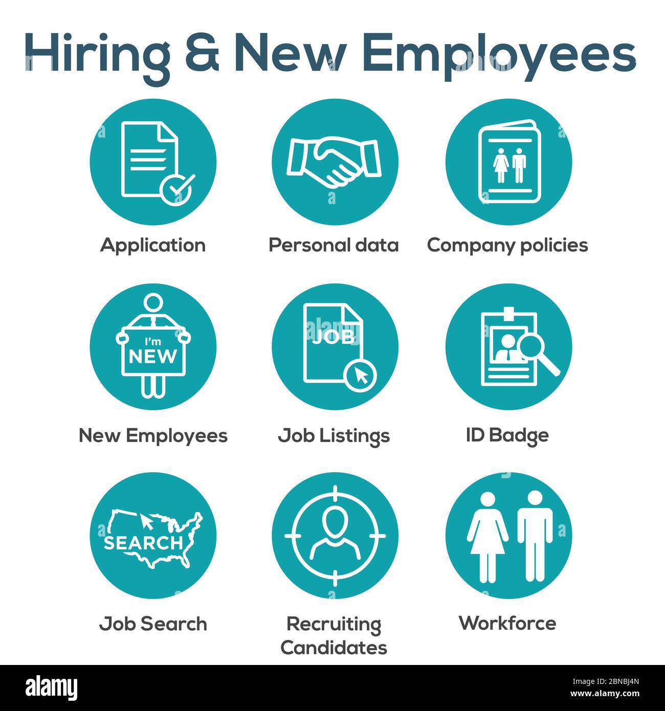 Hiring and Employees icons w job related images showing hiring Stock ...