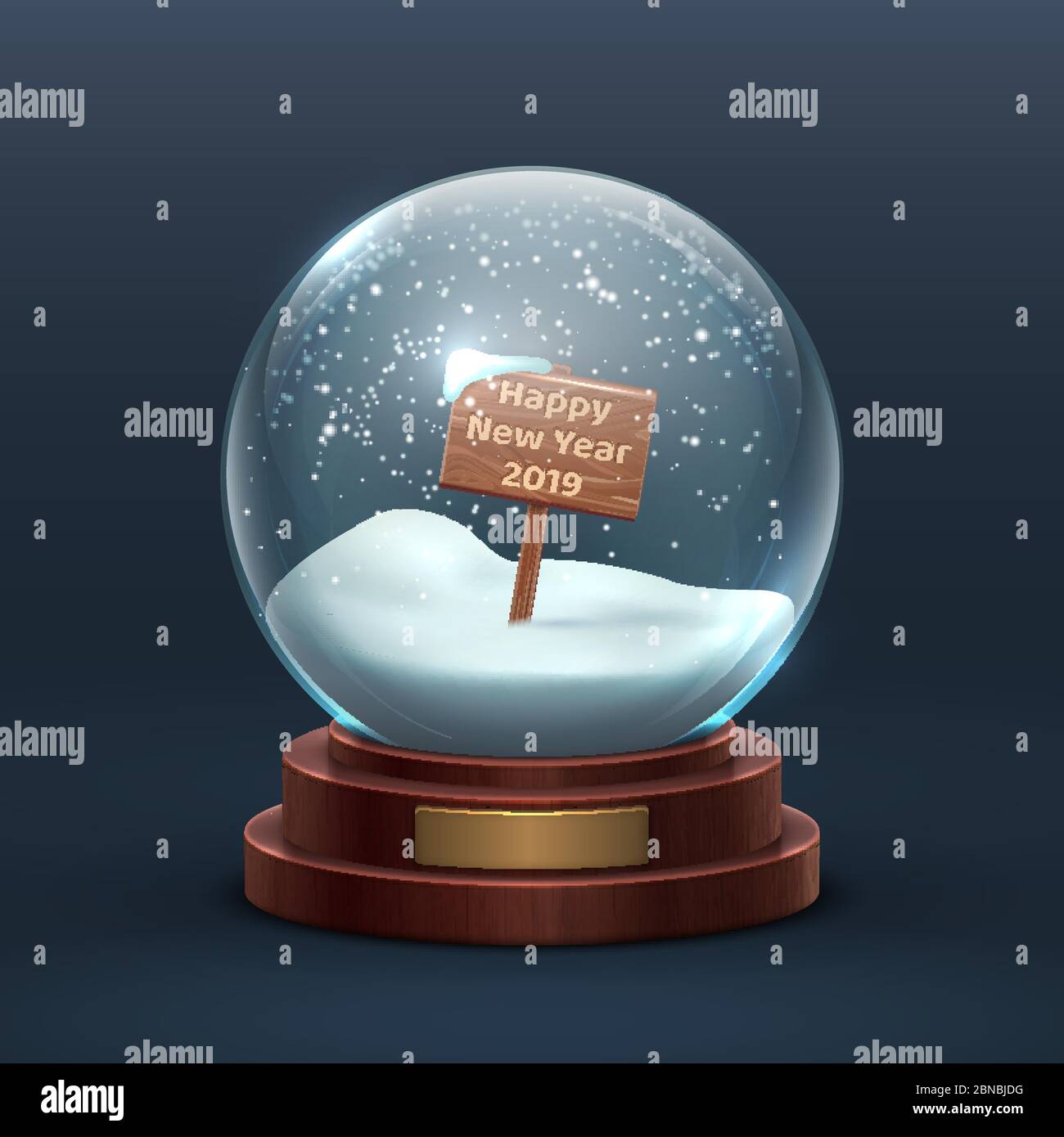 Snow globe. Christmas holiday glass snowglobe with wooden sign and ...