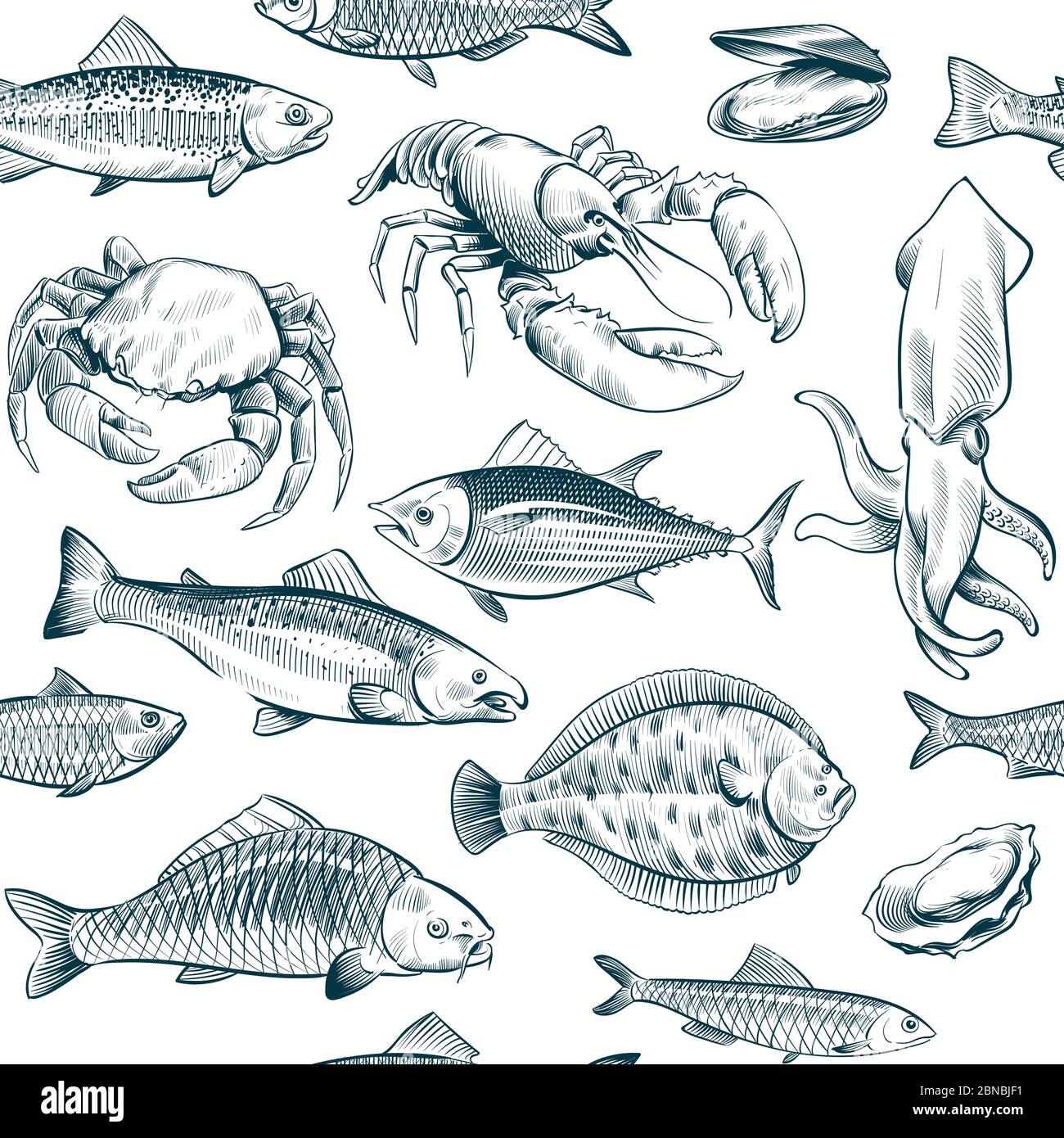 Sketch seafood seamless pattern. Oyster salmon lobster shellfish. Hand ...