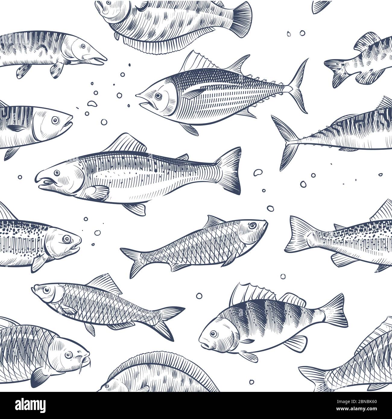 Sketch fishes seamless pattern. Etched ocean fish wrapper vector ...