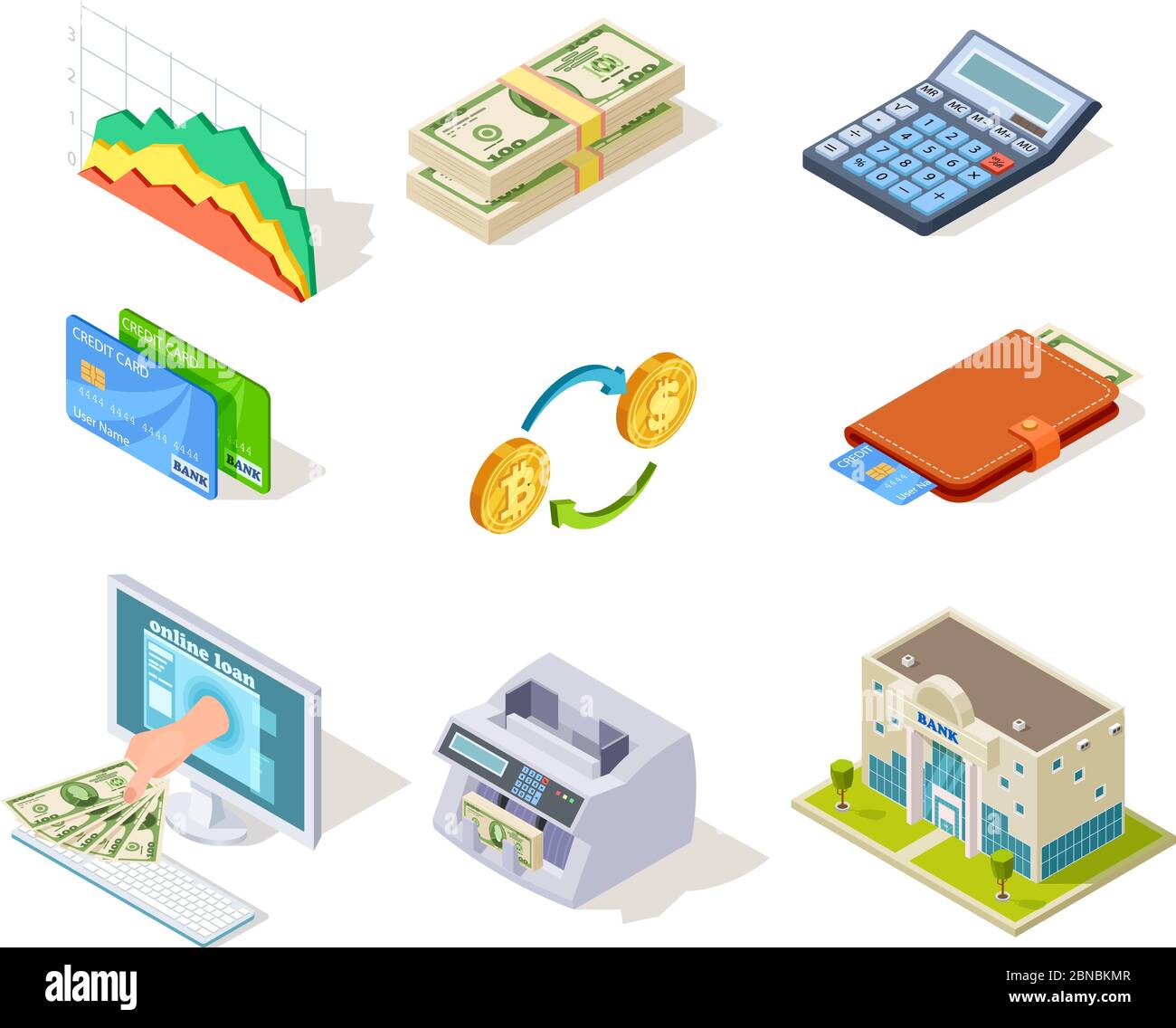 Bank isometric icons. Internet banking, money and checkbook, loans and cash currency, credit ...