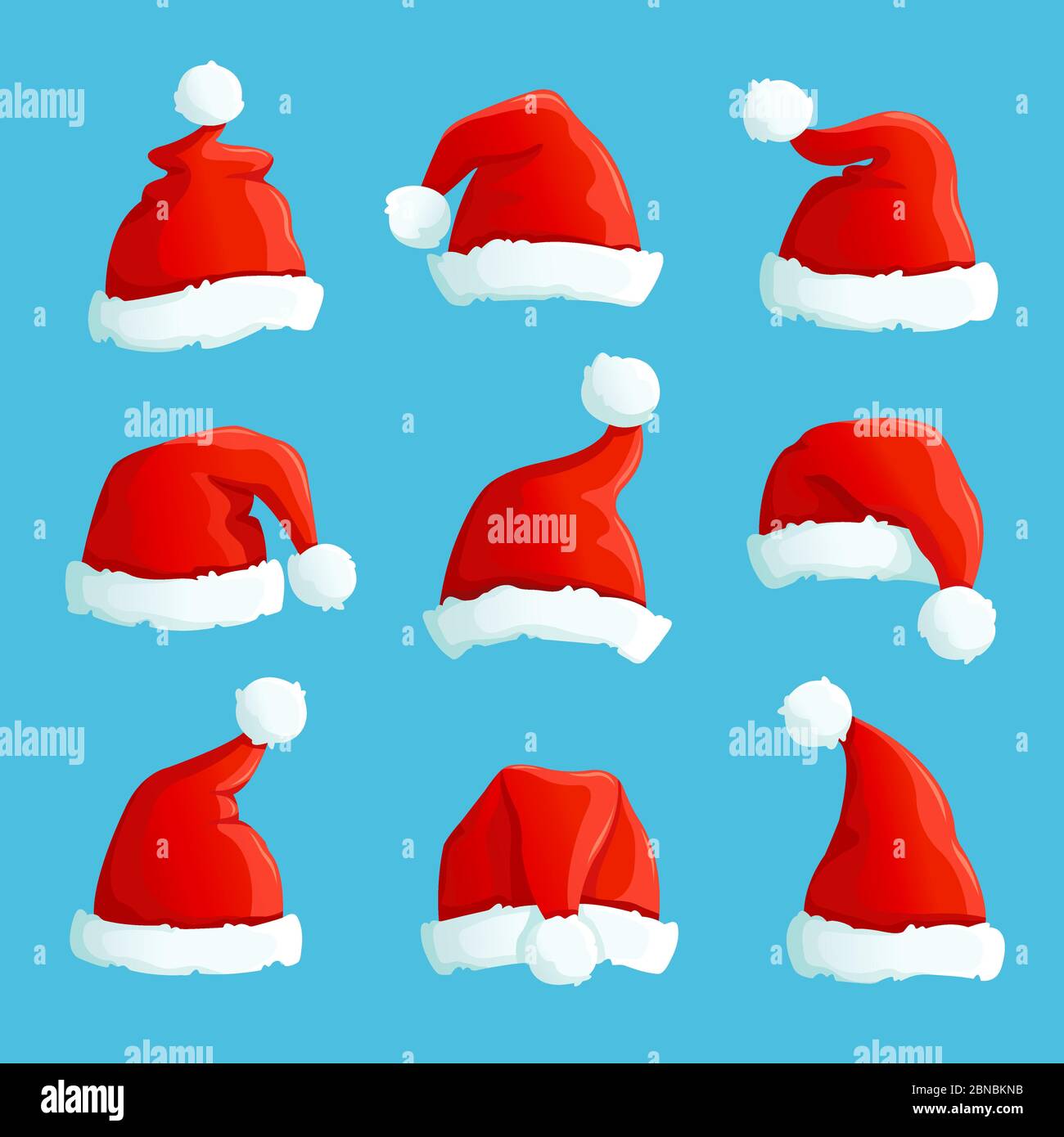 Santa hats. Cartoon christmas costume caps with fur. Santa claus hat ...