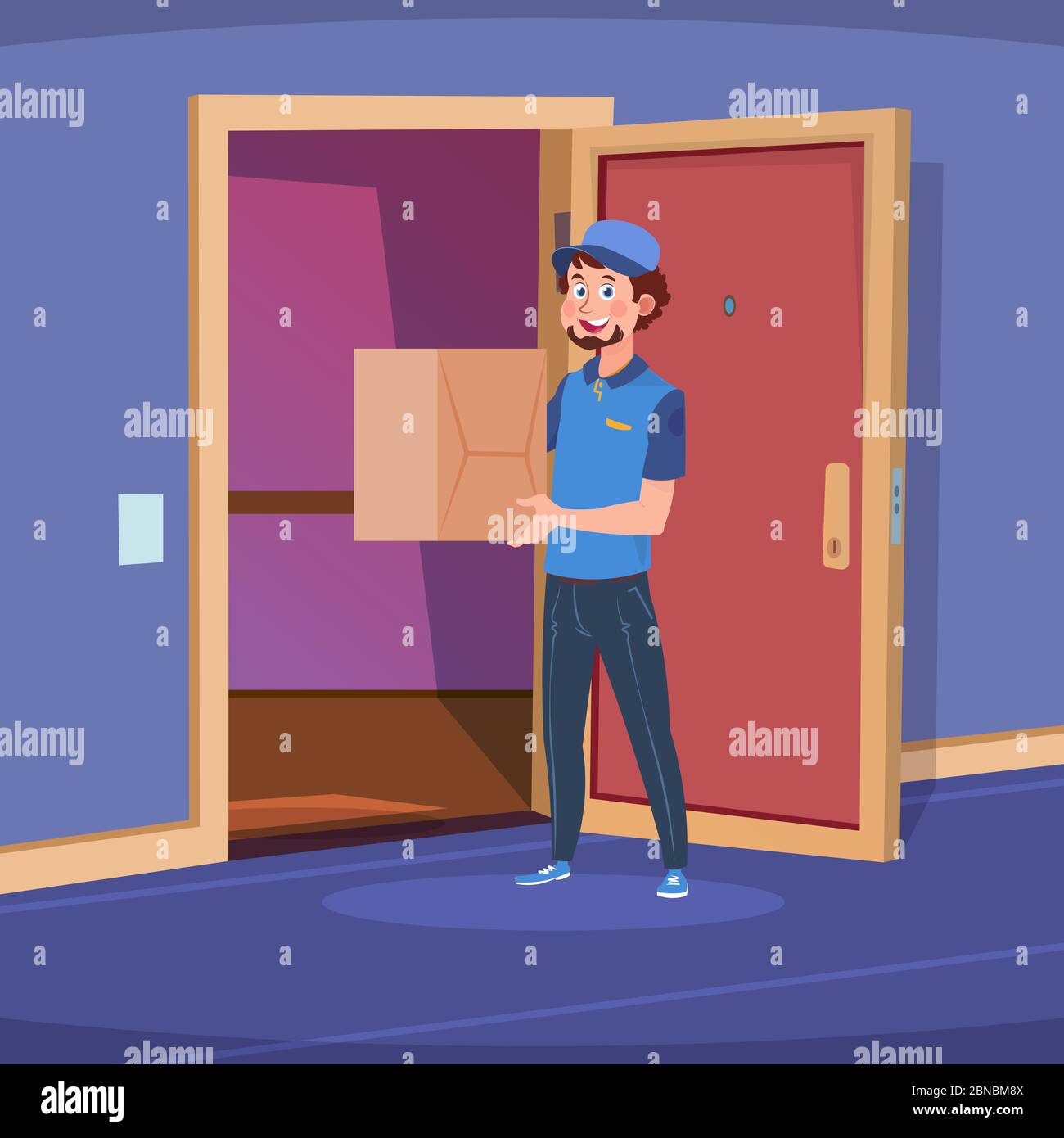 Delivery guy in home door. Boy deliver handing box in apartment doorway ...