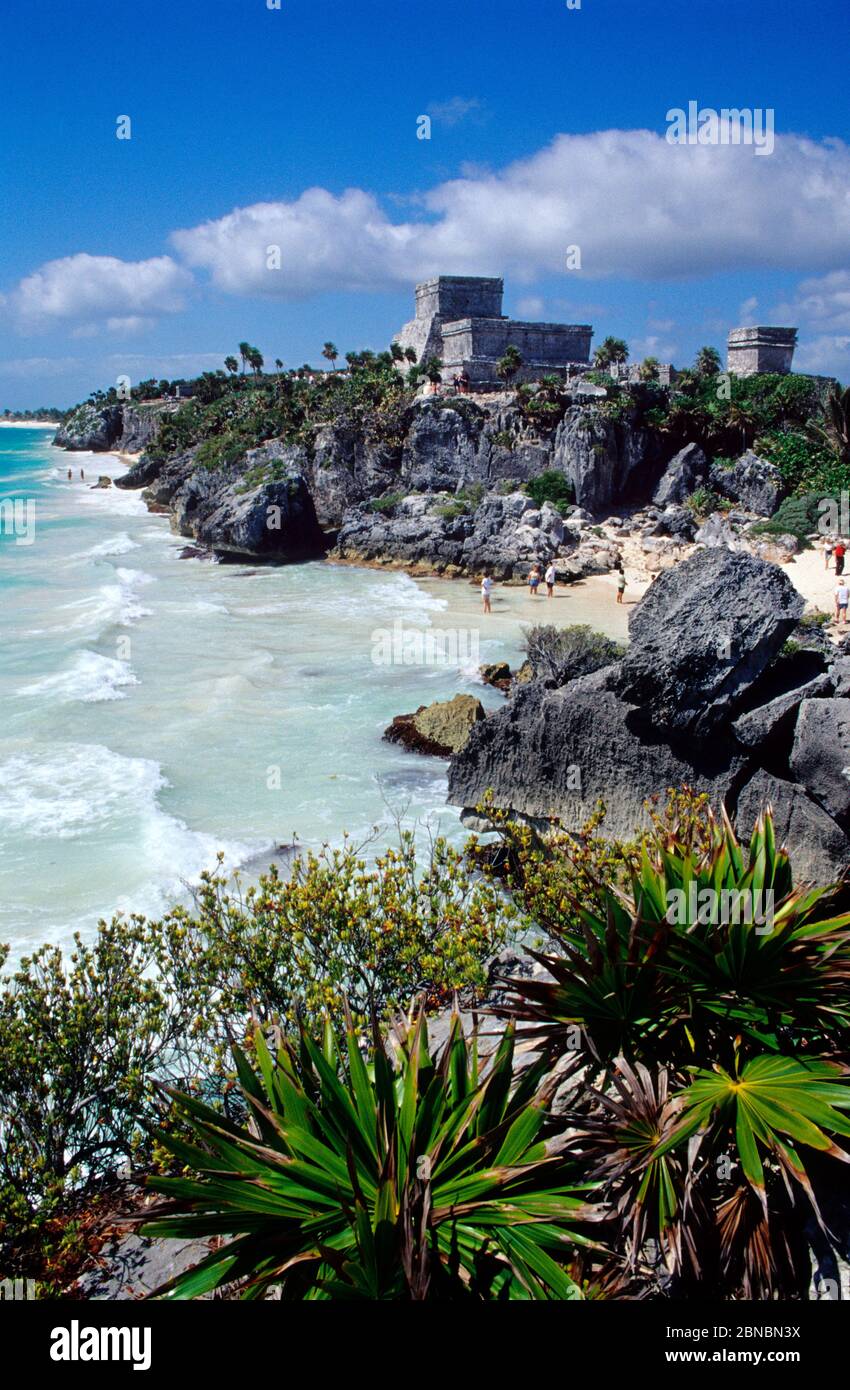 Tulum beach . El Castillo in background . Yucatan, Mexico Stock Photo ...