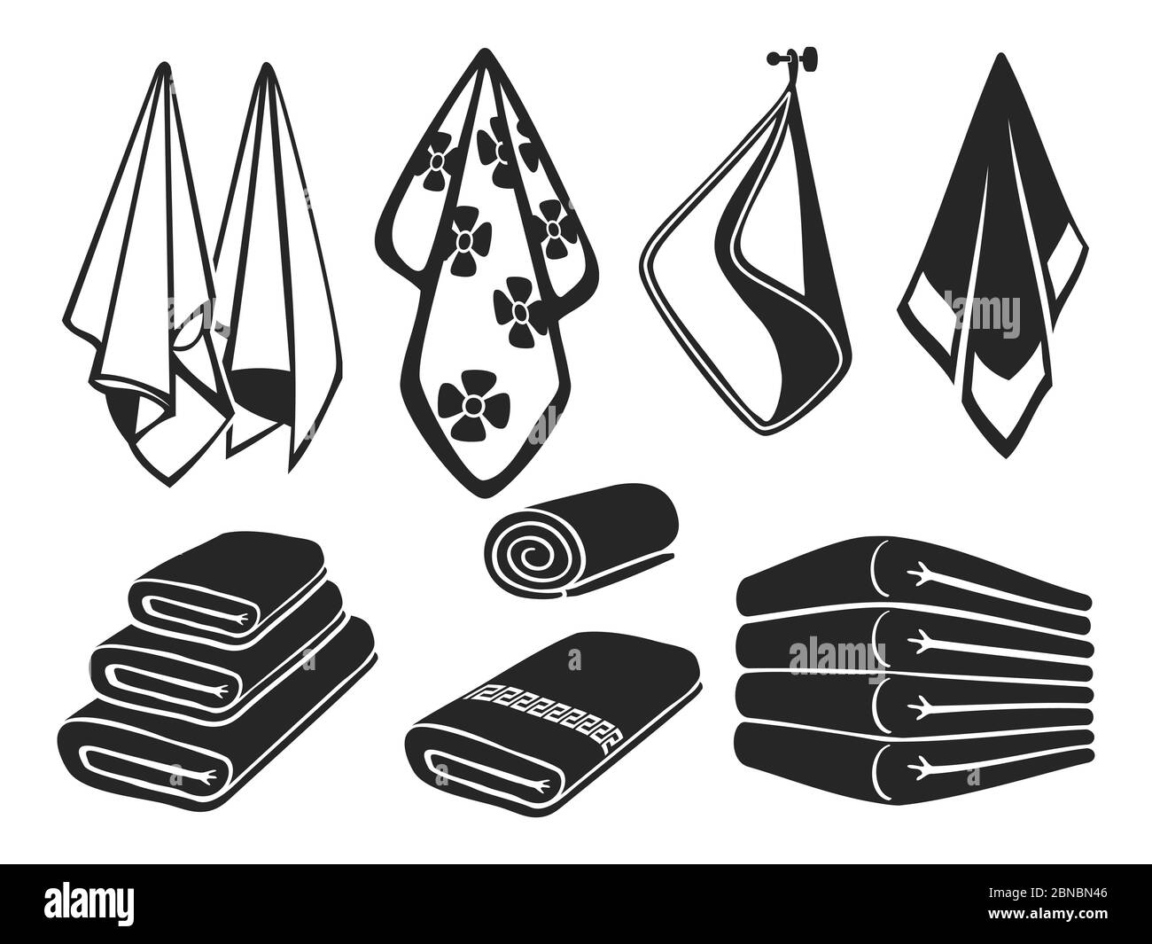 Black towels vector set icons. Bath, beach and kitchen soft fabric ...