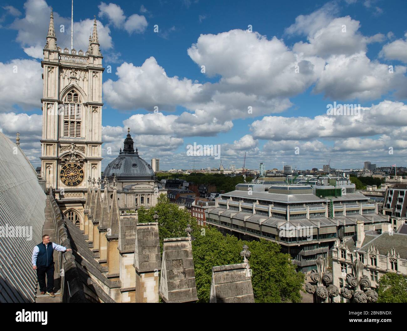 Clerk of the Works Ian Bartlett inspects the main nave roof near the ...