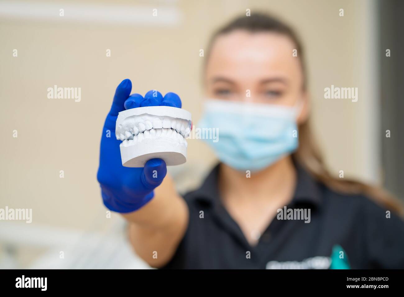 Beautiful girl professional doctor dentist orthodontist shows a plaster ...