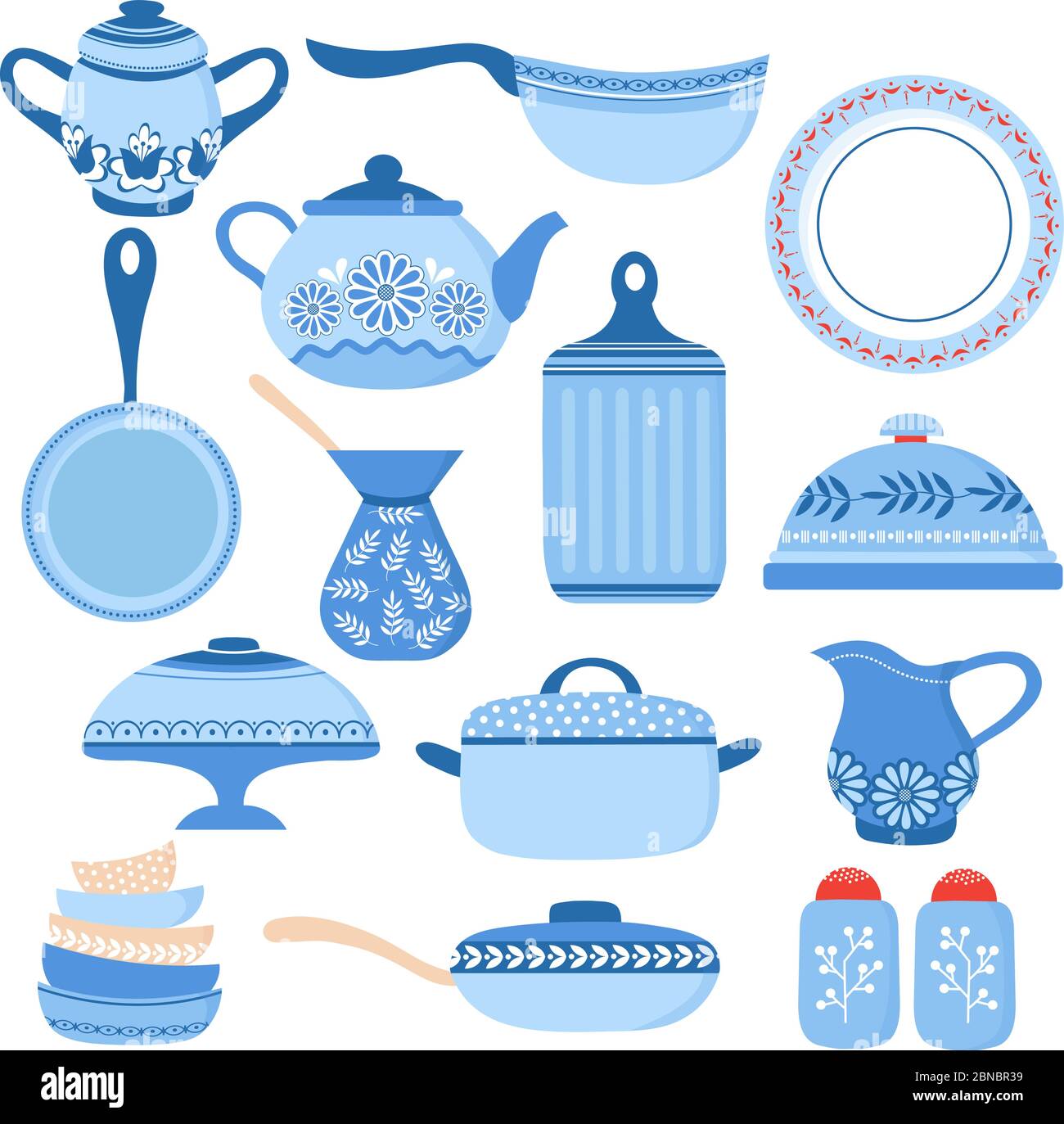 Cartoon cookware. Kitchen crockery and glassware. Dishes, cup and teapot. Cooking tools vector ...