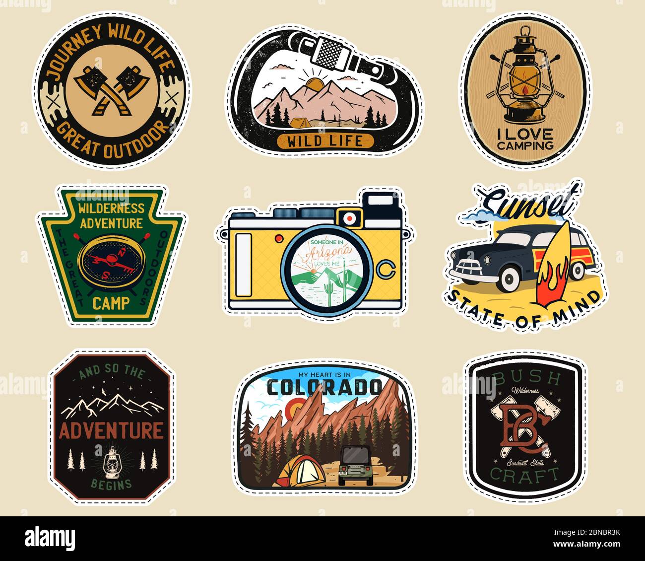 Vintage camp patches logos, mountain badges set. Hand drawn labels ...