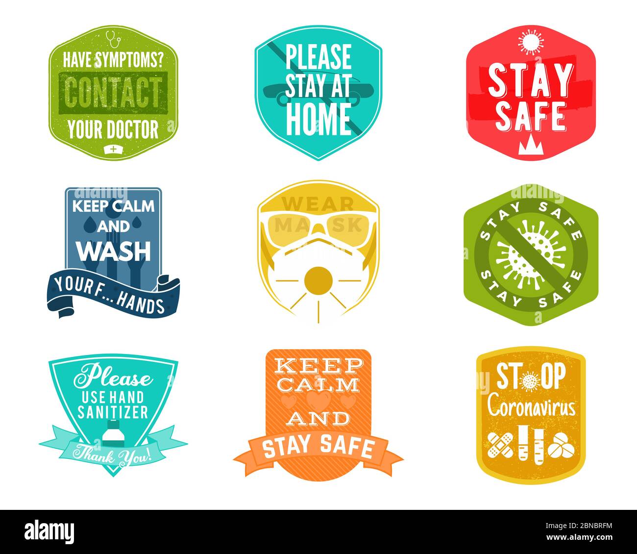 Coronavirus caution badges collection. Covid-2019 stay safe advice ...