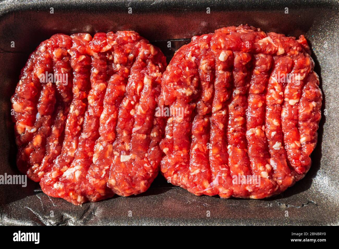Raw Beef Burgers In A Packaging Tray Stock Photo - Alamy