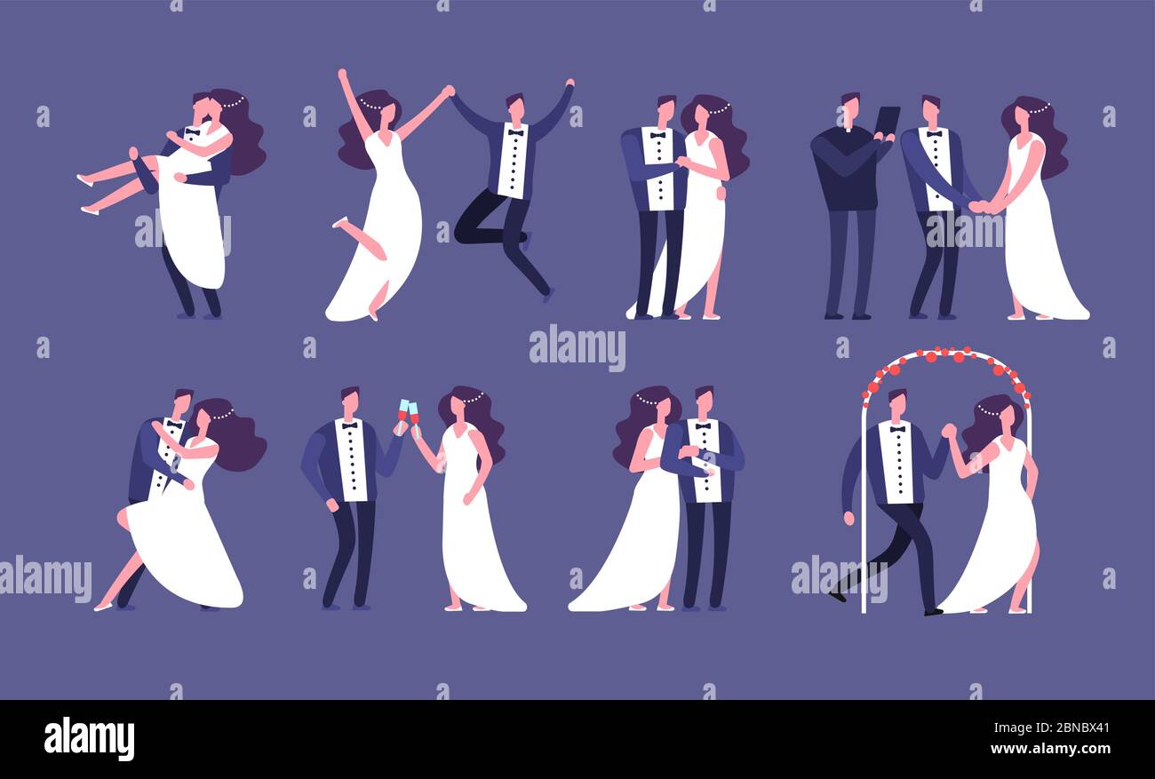 Married couples. Newly wed bride and groom, wedding celebration cartoon ...
