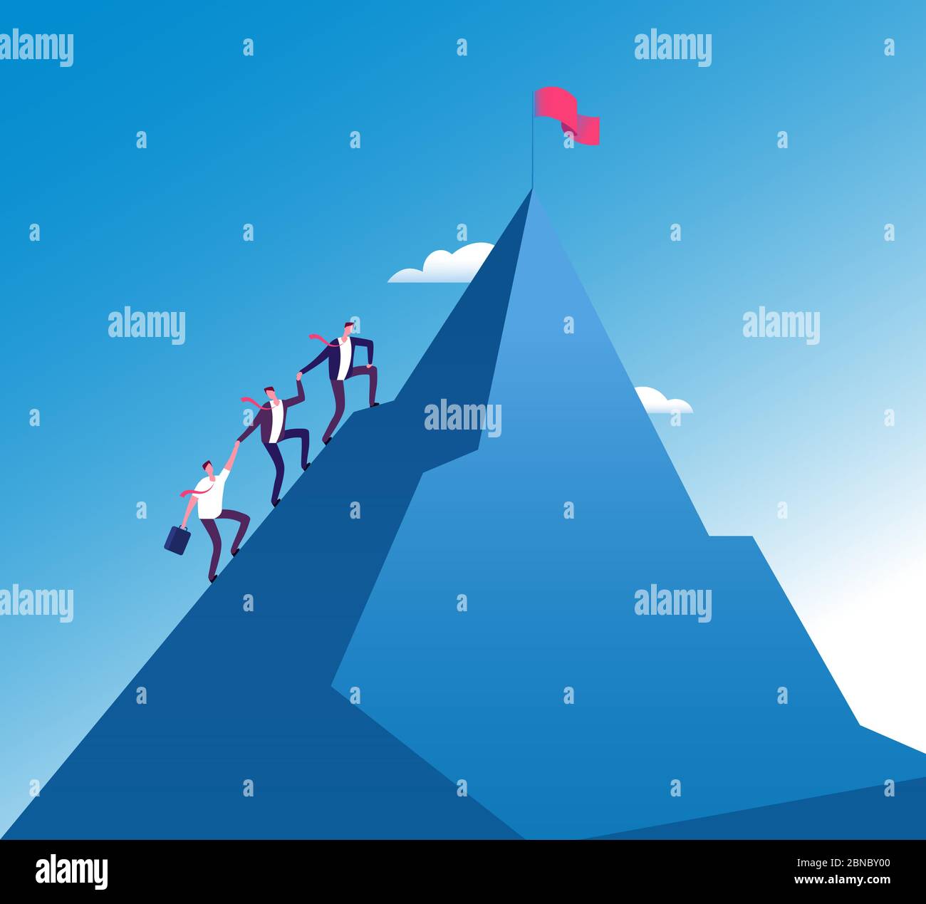 Businessmen climb mountain. Success teamwork corporate growth, mission achievement vector ...