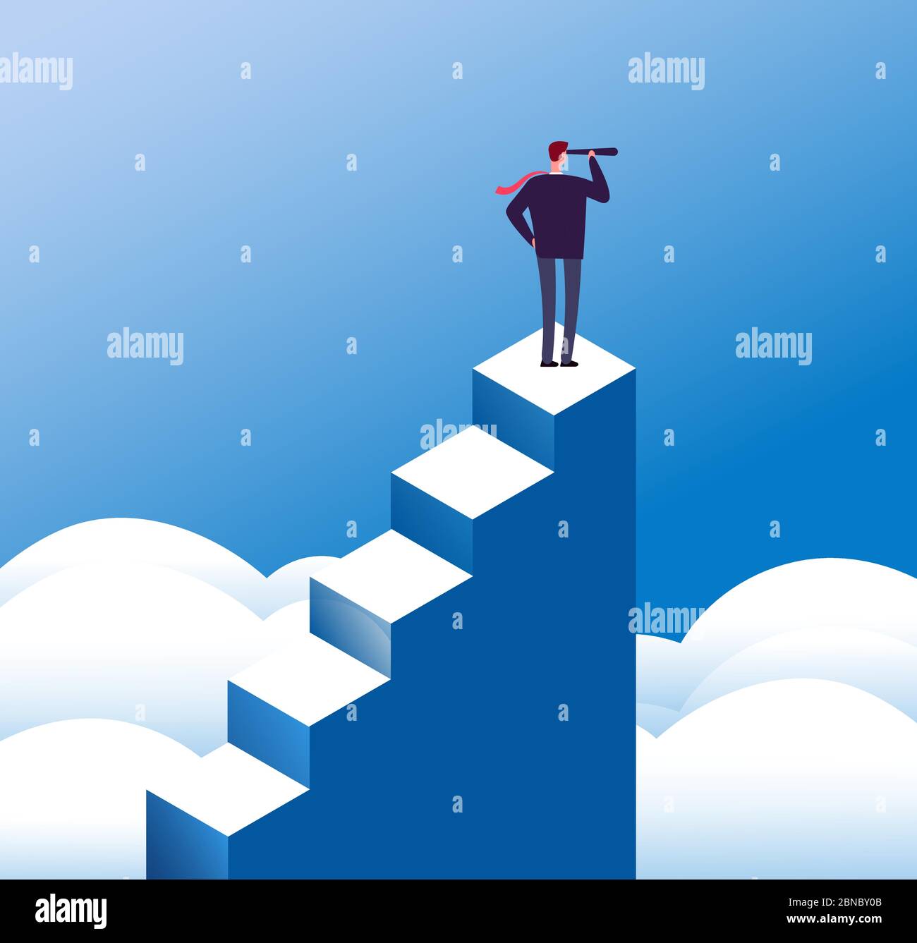 Business vision concept. Visionary man looks in telescope at steps top ...