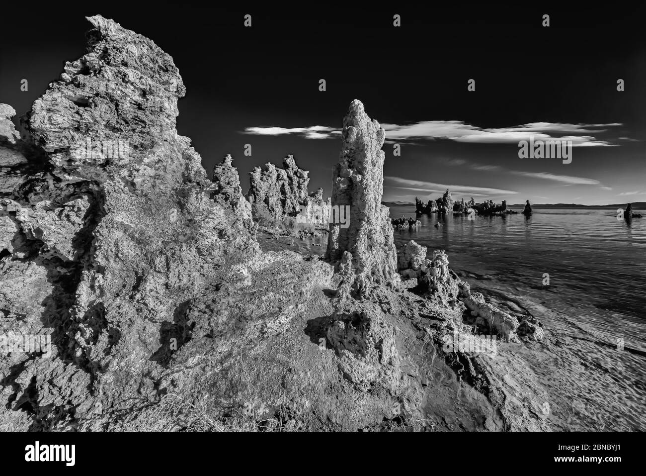 Grayscale shot of Tufa Towers at Mono Lake Tufa State Natural Reserve ...