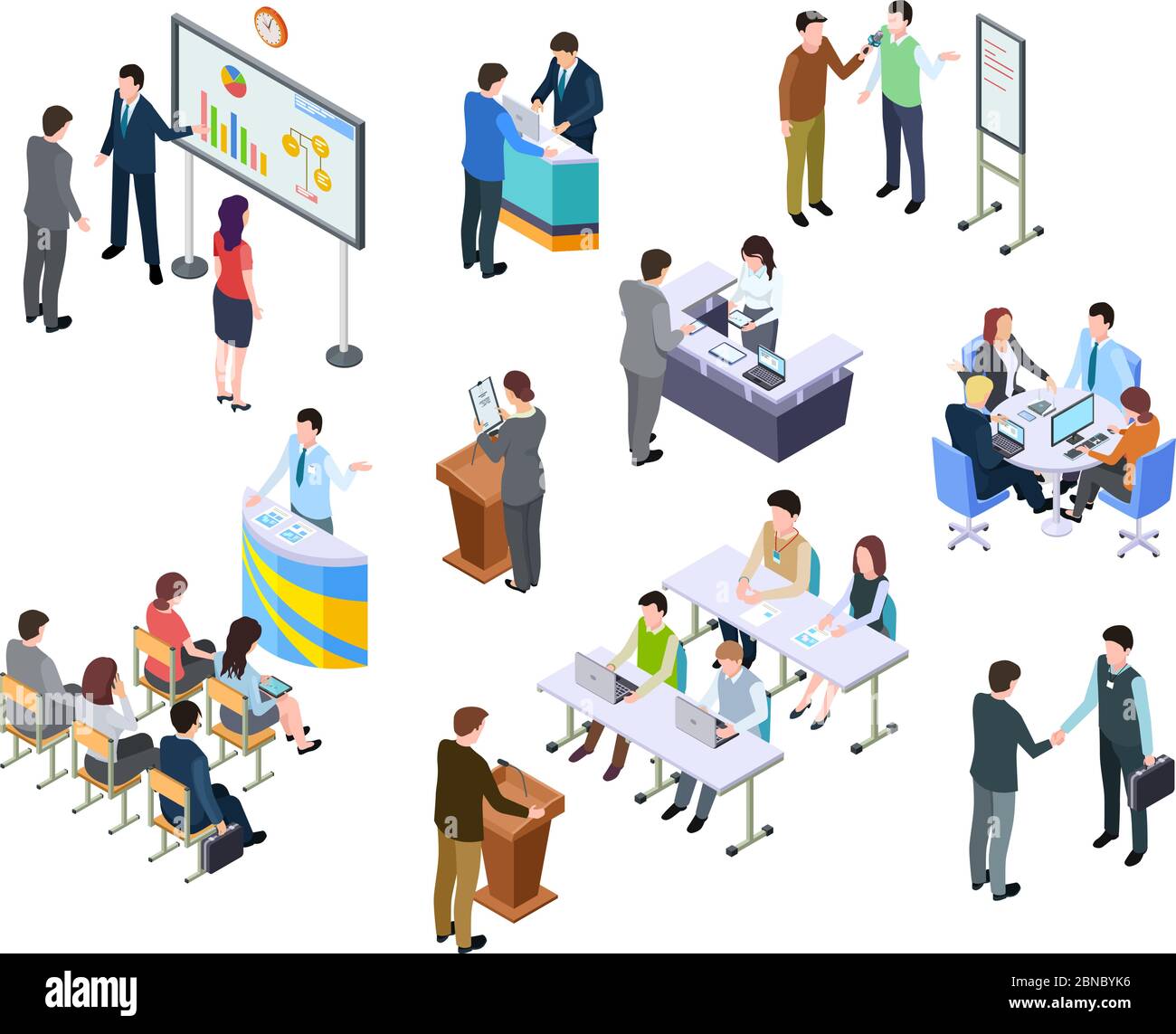 Isometric meeting. Business people on presentation conference. Team ...