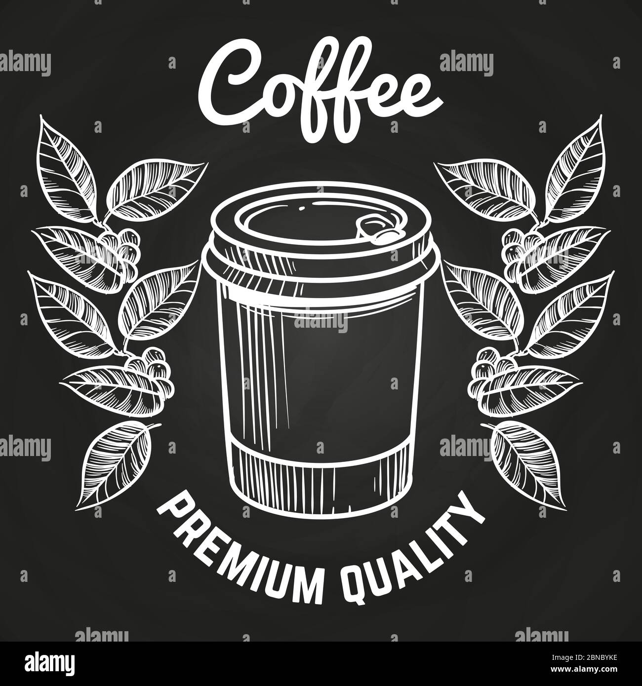 Hand drawn take away coffee mug and coffee tree branch. Coffee ...